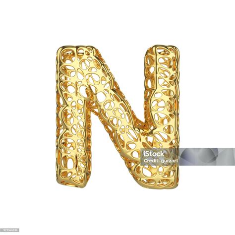 알파벳 N 대문자 편지입니다 골드 폰트 노란색 세포 프레임 워크의 만든입니다 3d 렌더링에 고립 된 흰색 배경 구멍에 대한 스톡 사진 및 기타 이미지 Istock