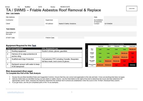 Asbestos Roof Removal And Replace Task Analysis Jsa Swms Nailedit Safety Docs