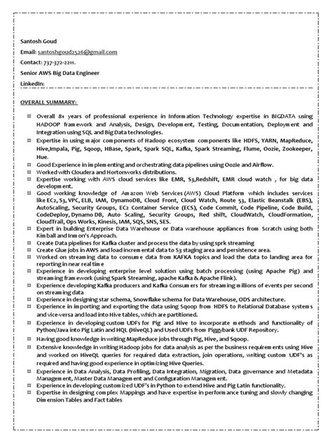 Santosh Goud Senior Aws Big Data Engineer Download Free Pdf Apache Spark Apache Hadoop