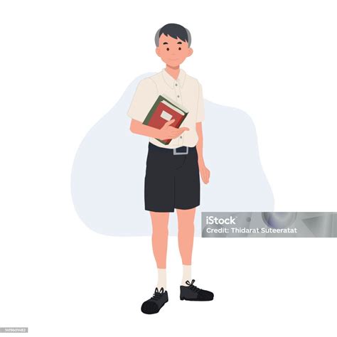 교복을 입은 아시아 학생 태국 학생 소년이 한 손에 책을 들고 있습니다 학습 학교 개념으로 돌아 가기 벡터 예시 고등학교에 대한