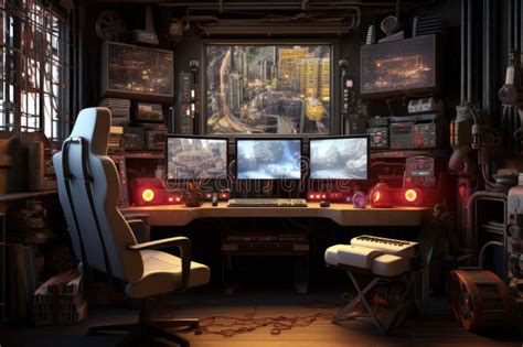 Futuristic Gaming Room With Monitors And Computers 3d Rendering Of A Computer Room With A Lot