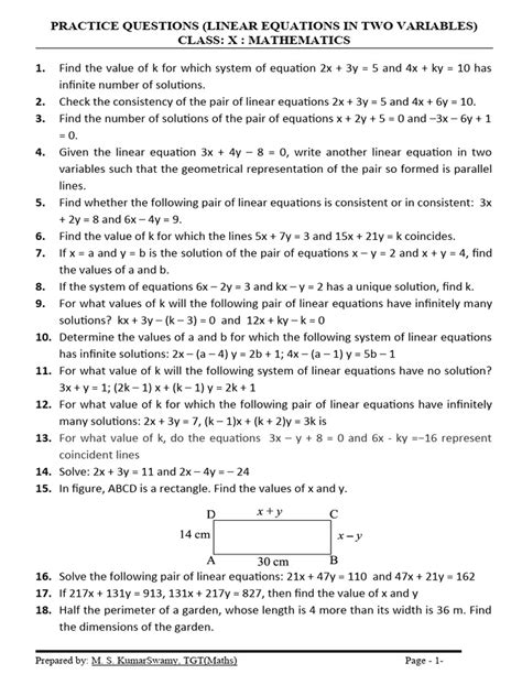 Practice Questions Linear Equations In Two Variables Class X Pdf Equations System Of