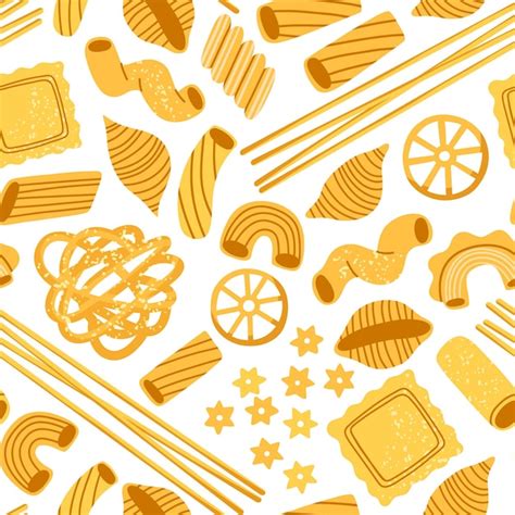 다른 이탈리아 파스타 유형 반복된 음식 요소 배경 건조 스파게티 펜 네 라비올리 요리 재료 벡터 원활한 패턴 프리미엄 벡터