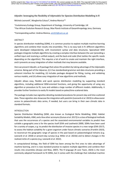 Pdf Tidysdm Leveraging The Flexibility Of Tidymodels For Species Distribution Modelling In R