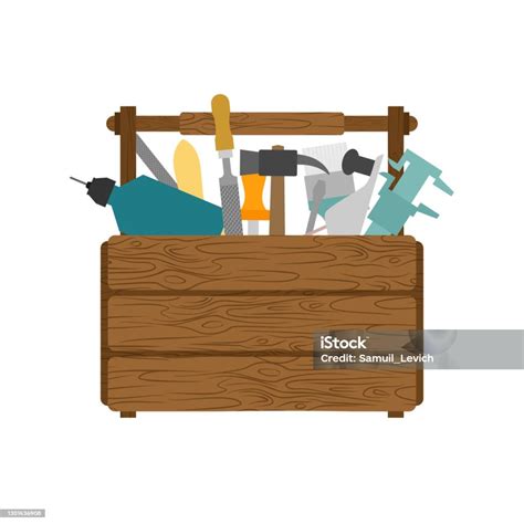 도구가 있는 전체 도구 상자입니다 나무 도구 상자 망치와 드릴 렌치와 버니어 캘리퍼 드라이버와 브러시 가정 생활에 대한 스톡 벡터 아트 및 기타 이미지 Istock