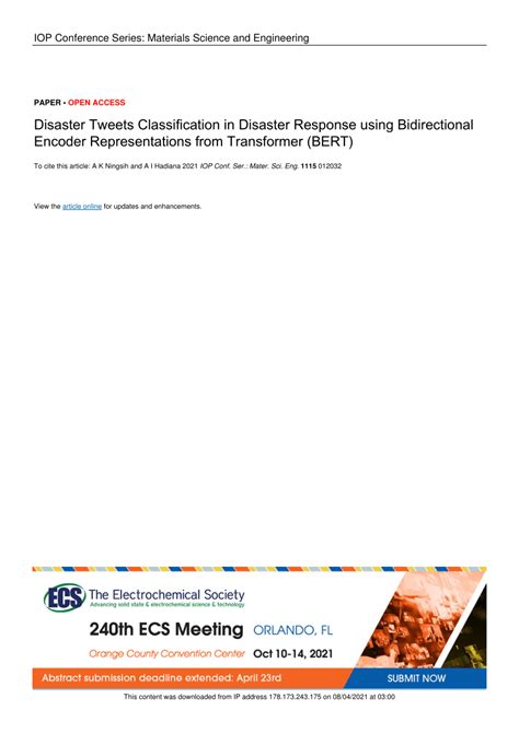 Pdf Disaster Tweets Classification In Disaster Response Using Bidirectional Encoder
