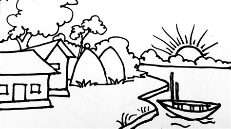Beautiful Village Scenery Drawing গ্রামের দৃশ্য আঁকা Drawing Art Youtube