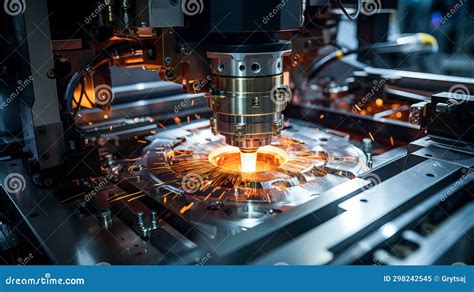 The Cnc Milling Machine Cutting The Metal Part With The Sparking Stock