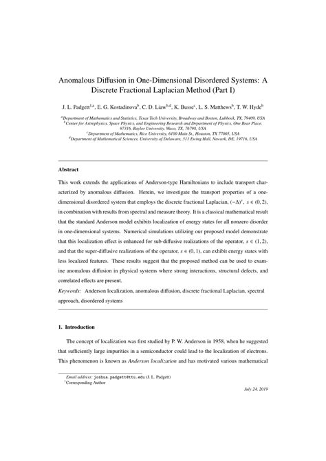 Pdf Anomalous Diffusion In One Dimensional Disordered Systems A Discrete Fractional Laplacian