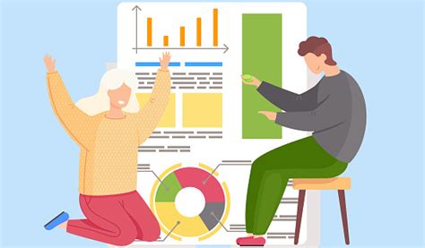 가이는 녹색 칩을 집어 든다 즐거운 소녀는 무릎을 꿇고 손을 들어 올립니다 데이터 분석 개념 감자 칩에 대한 스톡 벡터 아트 및 기타 이미지 Istock