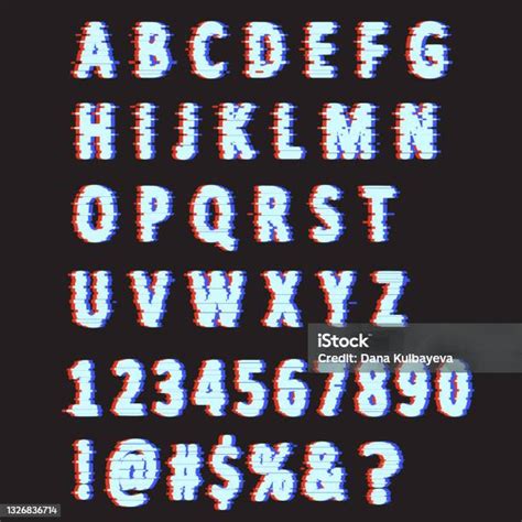 네온 가장자리와 글리치 알파벳 최신 글꼴 숫자 및 문장 부호 장식 문자 왜곡에 대한 스톡 벡터 아트 및 기타 이미지 왜곡