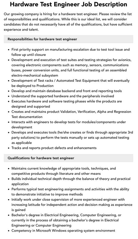 Hardware Test Engineer Job Description Velvet Jobs
