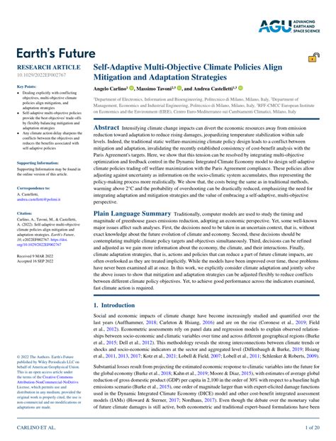 Pdf Self‐adaptive Multi‐objective Climate Policies Align Mitigation And Adaptation Strategies