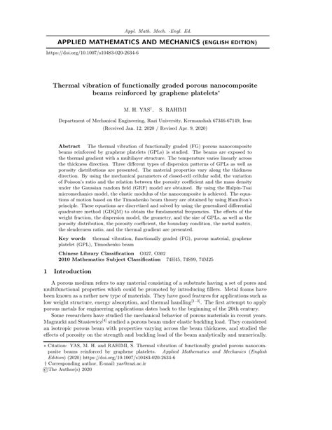 Pdf Thermal Vibration Of Functionally Graded Porous Nanocomposite Beams Reinforced By Graphene