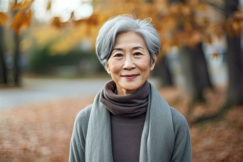 East Asian Woman In 60s Short Gray Hair Park Background Generative