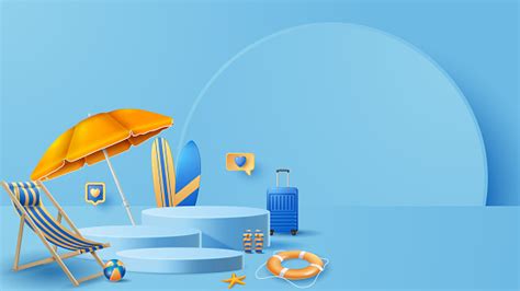 해변 장식품이있는 여름 전시 연단 장식 배경 벡터 3d 일러스트 레이 션 여름에 대한 스톡 벡터 아트 및 기타 이미지 여름 3차원 형태 세일 Istock