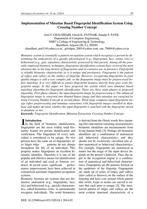 Pdf Implementation Of Minutiae Based Fingerprint Identification System Using Crossing Number