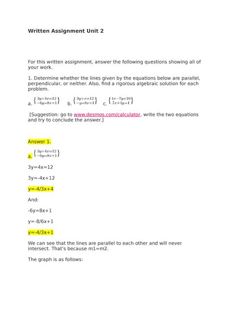 written assignment unit 2 determine whether the lines given by the equations below are
