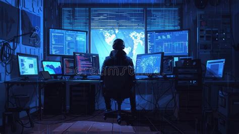 A Hacker Sits At A Cluttered Desk Focused On Multiple Glowing Computer
