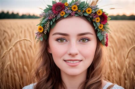 Premium Ai Image Portrait Of A Beautiful Girl In A Wreath Of Flowers On A Wheat Field