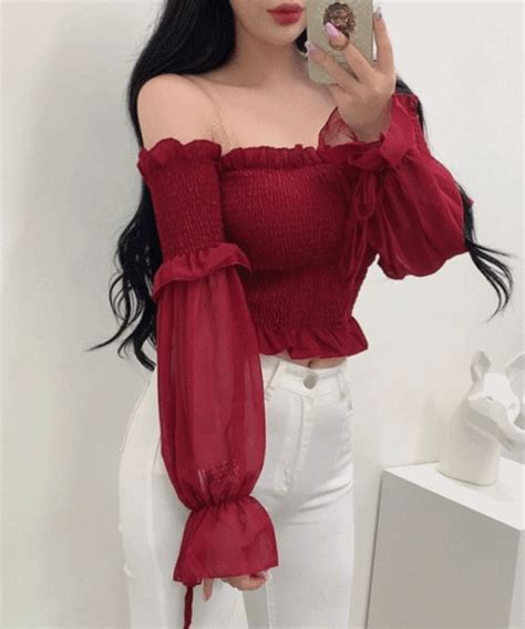 버닝블루 3color최저가 코코샤 스모크밴딩 오프숄더 시스루 프릴 리본 크롭 긴팔 블라우스버닝블루