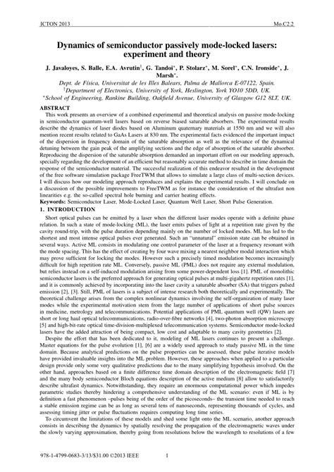 Pdf Dynamics Of Semiconductor Passively Mode Locked Lasers Experiment And Theory