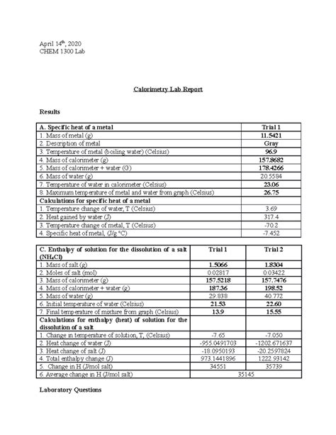 Calorimetry Lab Report April 14th 2020 CHEM 1300 Lab Calorimetry Lab Report Results A