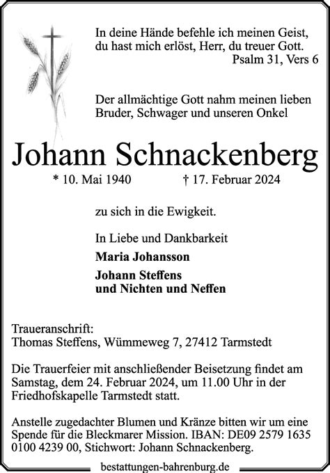 Traueranzeigen Von Johann Schnackenberg Trauer And Gedenken