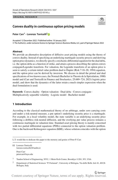 Convex Duality In Continuous Option Pricing Models Request Pdf