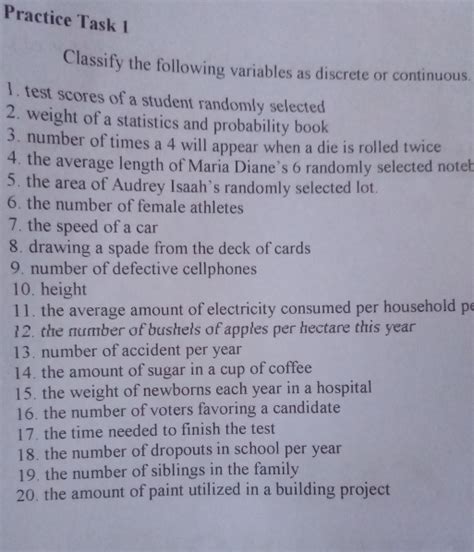 Solved Practice Task 1 Classify The Following Variables As Discrete Or