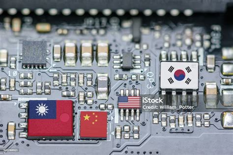 Flag Of The Republic Of China Or Taiwan China Korea And Usa On A Processor Cpu Or Gpu Microchip