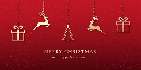 매달려 골드 크리스마스 기호 사슴 선물 상자 빨간색 배경에 크리스마스 트리 새해 인사말 카드 벡터 일러스트 레이 션 빨간색