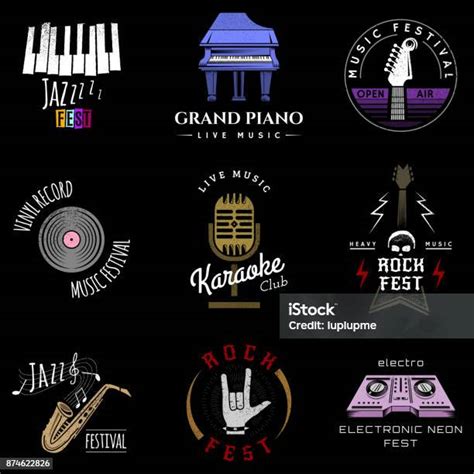 음악 축제 배지 기호 글자 만든 녹음 스튜디오 라벨 Hipster 스타일 빈티지 뮤지컬 요소 소리 생산 Symboltype 벡터 일러스트 레이 션 건강관리와 의술에 대한