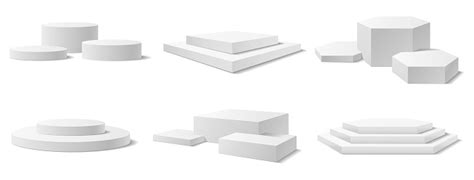 현실적인 3d 연단 우승자 받침대 원 디스플레이 스테이지 흰색 빈 박물관 전시 기둥 사각형 제품 쇼룸 디스플레이 벡터 세트 0