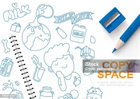 우유 낙서 아이와 노트북 소년 미래의 상상 손 그리기 패턴 편집 가능한 스트로크 세계 우유의 날 2022 개념 만화 최소 평면 디자인 일러스트 레이 션 탑뷰 배경 복사 공간
