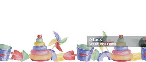 장난감 완벽 한 테두리 반지 피라미드 바람개비 양동이 와 삽 리본 클립 아트 수채화 놀이 개체 벽지 보육 장식 베이비 샤워 0명에 대한 스톡 벡터 아트 및 기타 이미지