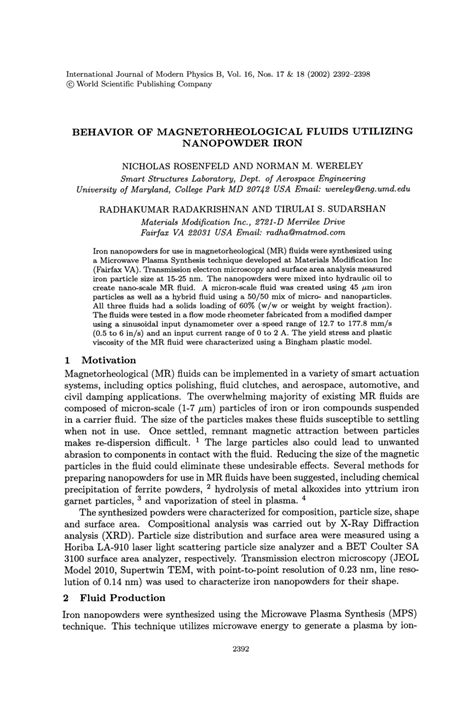 Pdf Behavior Of Magnetorheological Fluids Utilizing Nanopowder Iron