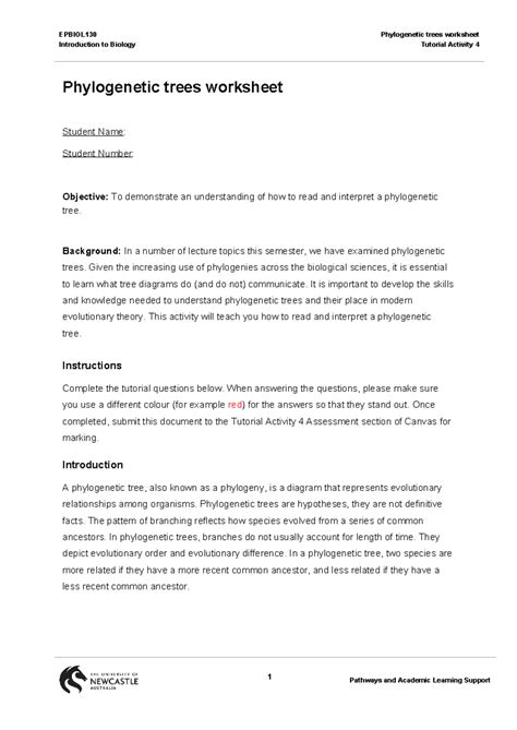 tutorial activity 4 phylogenetic trees worksheet introduction to