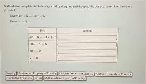Solved Instructions Complete The Following Proof By Dragging And Dropping The Correct Reason