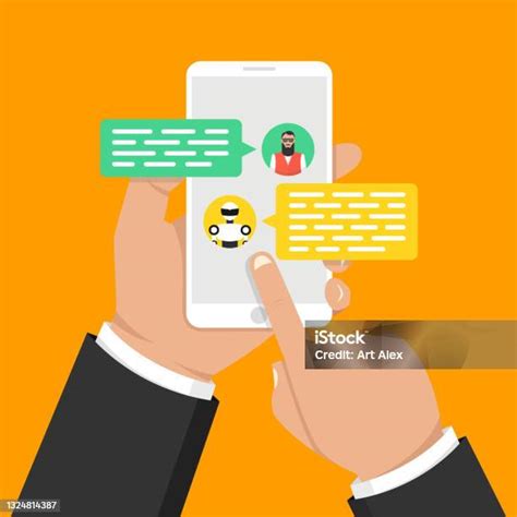 챗봇 컨셉 스마트 폰에서 채팅 봇과 채팅 하는 남자 사용자는 메신저에서 봇과 이야기 벡터 그림입니다 Brand Name Online Messaging Platform에 대한