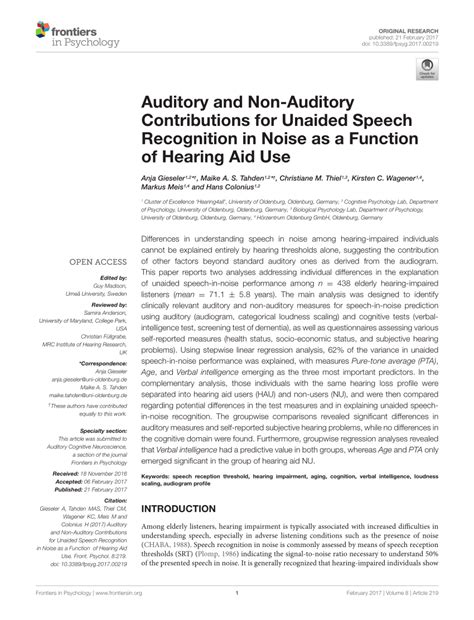 Pdf Auditory And Non Auditory Contributions For Unaided Speech Recognition In Noise As A