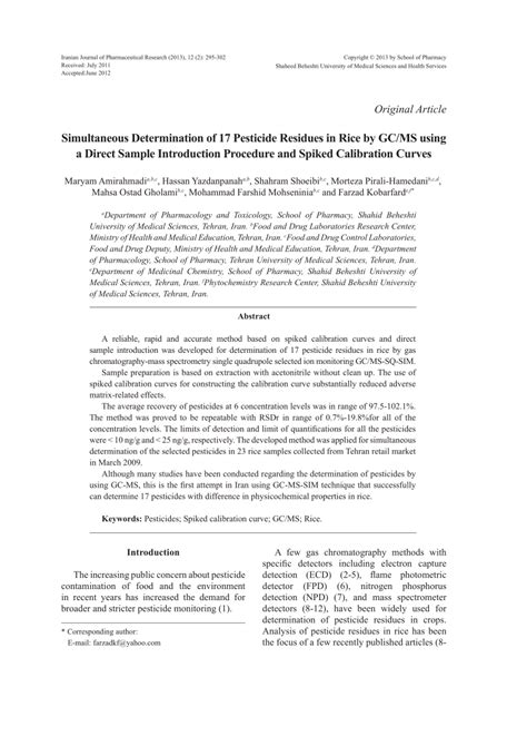 Pdf Simultaneous Determination Of 17 Pesticide Residues In Rice By Gc