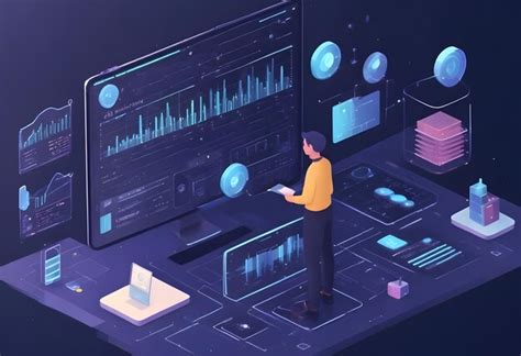 A Man Is Standing In Front Of A Computer Screen With A Man Reading A Magazine Premium Ai