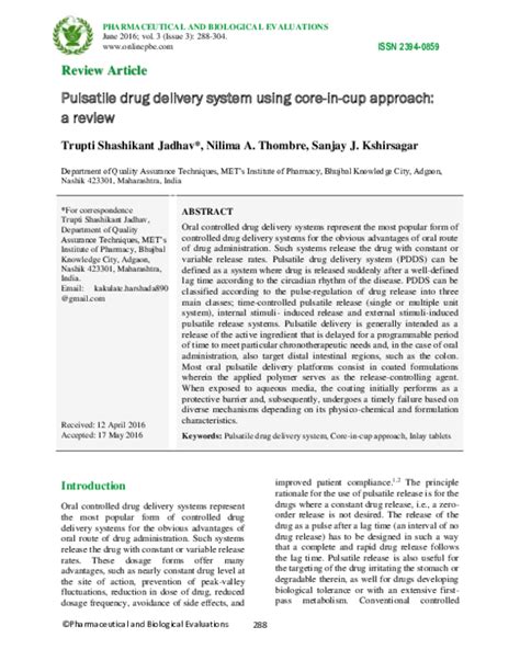 Pdf Pulsatile Drug Delivery System Using Core In Cup Approach A Review