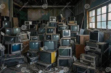 Dump Of Old Broken Obsolete Computer With Displays Or Tv Pile Of Junk