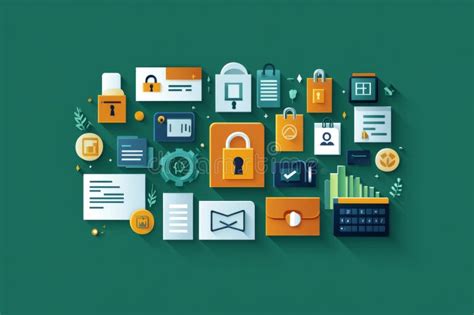 Digital Security And Data Protection Icons On A Green Background Representing Cybersecurity And