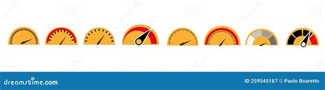 Speedometer Gauge Meter Icons Vector Scale Level Of Performance Speed Dial Indicator Stock