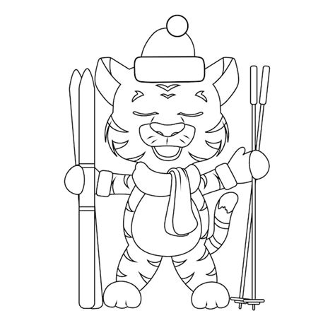 Premium Vector A Tiger Cub In A New Years Hat Scarf And Mittens Stands With Skis And Ski