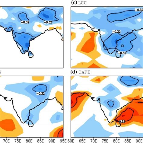 Spatial Correlation Between A Rainfall B Lts C Lcc And D Cape With