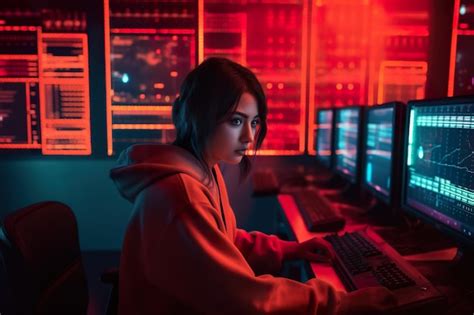Premium Photo A Woman Sitting In Front Of A Computer Monitor Generative AI Image